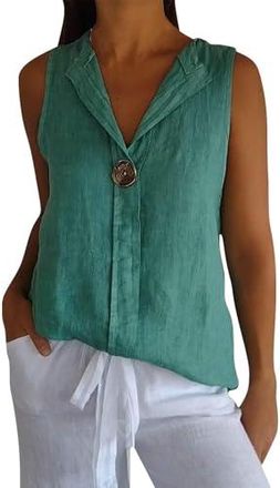 Generic Débardeur de Sport en Lin Ample pour Femme - Col en V - Sans Manches - Chemise dÉté - Chemisier de Travail Décontracté, Vert, 5XL