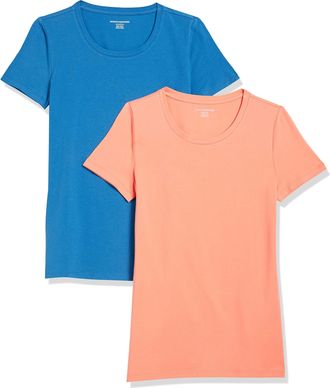 Amazon Essentials Damen T-Shirt mit kurzen Ärmeln und Rundhalsausschnitt in normaler Passform, 2er-Pack, Blau/Korallenorange, XXL
