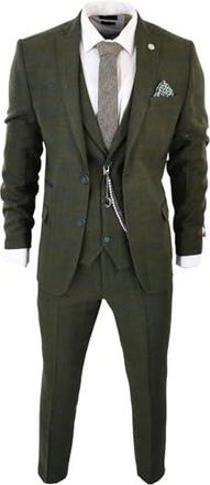 TruClothing Costume Homme 3 Pièces en Tweed de Laine Mélangée à Carreaux Style Années 20 pour Un Look Habillé Festif - Vert Olive 54