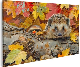 Islandburner Bild auf Leinwand Igel ruht auf Baumstamm im Herbstwald mit rotem Pilz umgeben Bilder Wandbilder Poster