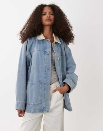 Arket Veste fonctionnelle en jean avec col en velours c&ocirc;tel&eacute; - Bleu