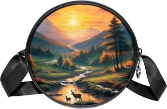 Generic Sac &agrave; bandouli&egrave;re Circle pour femme, petit sac &agrave; bandouli&egrave;re Art Mountain Deer avec fermeture &eacute;clair, bretelles r&eacute;glables, sac &agrave; main rond d&eacute;contract&eacute;