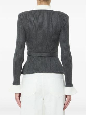Self Portrait Ribbed Knit with Contrasting Collar Cardigan - Gray