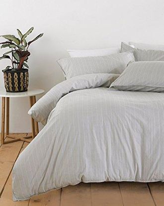 Riva Paoletti The Linen Yard LINEAR SKS Duvet Set Grey/White, Baumwolle, Grau, Super King
