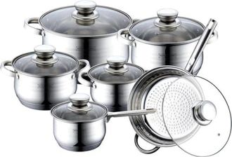 Royalty Line Ensemble de 12 pi&egrave;ces, Batterie de Cuisine en acier inoxydable, po&ecirc;le &agrave; frire &oslash; 24 cm, casseroles &oslash; 16, 18, 20, 24 cm avec couvercles en verre, Tous F