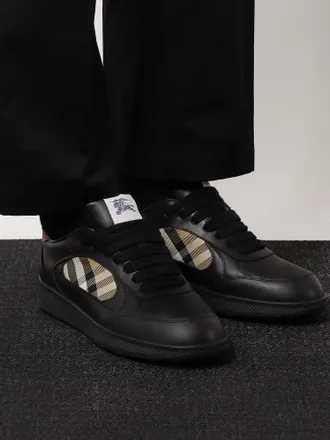 Burberry Mens Leather Sneakers With Check Inserts Black Leather-Nylon Trainers Leather/nylon