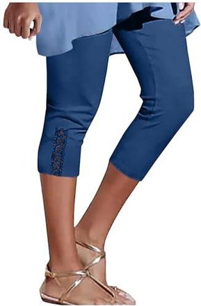 Generic Legging capris pour femme - Extensible - Taille haute - Avec ourlet en dentelle - Coupe ajust&eacute;e - Pour entra&icirc;nement - Pantalon 3/4, bleu, M