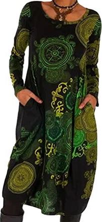 Onsoyours Robe Causal Femme Fille Impression Manches Longues en Vrac Chic Grande Taille Col Round avec Poche T-Shirt Sweats Tunique Rétro B Kaki M