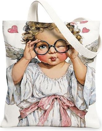 Generic Sac fourre-tout en toile motif ange, coeur, vintage, motif ch&eacute;rubin, r&eacute;utilisable, motif floral printanier, l&eacute;ger, lavable, blanc, 13x15 Inch