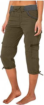 ORANDESIGNE Pantalons Femme Cargo 3/4 Long Sport Capri Pantalon Travail Jogging avec Poches Été Taille Haute Pantalon Sport Décontracté Pantacourt A Armée Verte X