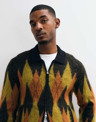 AllSaints Jiro Strickjacke mit Rei&szlig;verschluss und Argyle-Muster in Multicolor