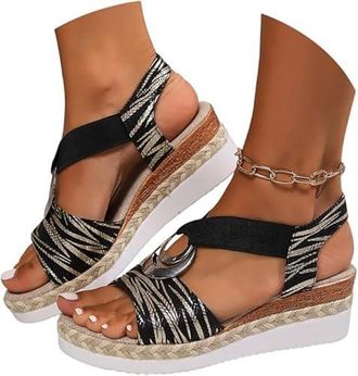 Generic Sandales compens&eacute;es pour femme Uk2026, soutien de la vo&ucirc;te plantaire, bout ouvert, sangle de cheville, sandales &agrave; enfiler, d&eacute;coration en m&eacute;tal, chauss