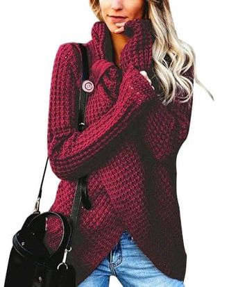 Minetom Femme Chandail &Eacute;l&eacute;gant Col Haut Manche Longue Sweater Blouse Pull Chic Oversized Bouton Jumper Tricots Tops Pullover pour Printemps Automne Hiver Bour