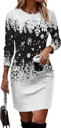 Onsoyours Robe De No&euml;l Femme Imprim&eacute; No&euml;l Pullover Robe Manches Longues Col Rond Mini Robe Flocons De Neige Motif El&eacute;gante Soir&eacute;e Robe Portefeuille Slim Fit Cos