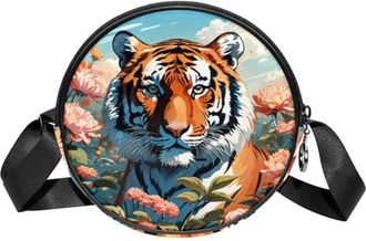 Generic Petit sac &agrave; bandouli&egrave;re rond pour femme, motif fleur de tigre, sac &agrave; dos avec fermeture &eacute;clair, bretelles r&eacute;glables, sac &agrave; main rond d&eacute;contract&eacute; pour 