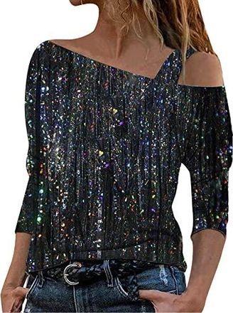 Generic Vestes pour femmes 2026 T-shirt &agrave; manches longues avec &eacute;paules ouvertes marbr&eacute;es, Noir, S