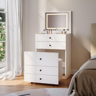 Sonni 3 in 1 Schublade Schminktisch mit LED-Beleuchtung und klappbarem Spiegel, Multifunktionale Kommode mit Schubladen und verstecktem Stuhl, 3