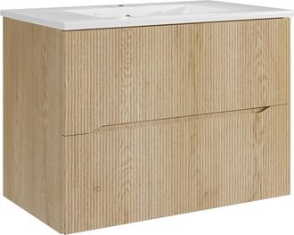 Vente-Unique H&auml;ngender Bad-Unterschrank mit Einbauwaschbecken - gerillt - Hell-Natur - L80 cm - ORISO