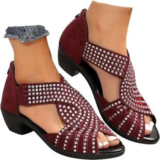 Generic Sandales de danse latine pour femme - Talon bas - Strass - Chaussures d&eacute;t&eacute; pour femme - Coupe large - Style r&eacute;tro - Bout ouvert - Fermeture &eacute;clair dan