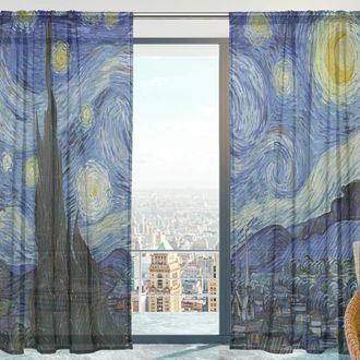 Mnsruu Fenstervorh&auml;nge, Sternenhimmel, Van Gogh, &Ouml;lgem&auml;lde, weicher T&uuml;ll, Voile-Vorh&auml;nge f&uuml;r Wohnzimmer Schlafzimmer, 140 x 213 cm, 2 Paneele