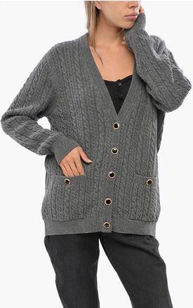 Alessandra Rich Wool Cable Knit Oversized Cardigan with Jewel Buttons size 38