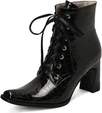 Generic Bottines tendance à lacets à bout carré pour femme - Talon bloc - Doublure en fausse fourrure - Confortables - Chaussures dhiver décontractées, Noir, 