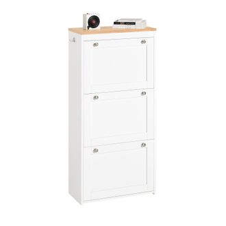 SoBuy Schuhschrank Schmal mit 2 Haken Schuhkipper Schmal mit 3 Klappen Schuhablage, Schuhkommode, Wei&szlig;-Natur, BHT ca. 59x116x26cm, Geeignet f&uuml;r Eingangsbere