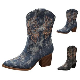 Generic Bottes de cowboy pour femme - Bout pointu brod&eacute; r&eacute;tro &agrave; enfiler - Style occidental - Bottes de cowgirls - Coupe large - Cuir r&eacute;tro - Demi-hauteur - Ch