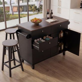 Mendler K&uuml;cheninsel HWC-P62 mit 2 Sitzhockern, K&uuml;chenschrank Schublade Stauf&auml;cher MDF 90x131x47cm - schwarz, Dunkles Holz