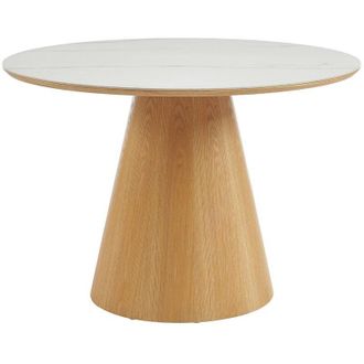 Vente-Unique Table &agrave; manger ronde 4 personnes en c&eacute;ramique et placage fr&ecirc;ne - Effet marbre blanc et naturel clair - ANTALIZA