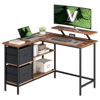 Vasagle Bureau dOrdinateur en Forme de L, Bureau dangle, 2 Tiroirs Spacieux, Support de Moniteur, &Eacute;tag&egrave;re R&eacute;glable, Marron Rustique LWD097B01