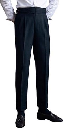 Generic Pantalon de d&eacute;tente vintage taille haute pour homme - Couleur unie - Pantalon d&eacute;contract&eacute; - Coupe classique - Pantalon pliss&eacute; &agrave; boucle, Noir, 48