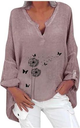 Generic Chemisier Femme Coton Lin Grande Taille en D&eacute;contract&eacute; Chemisiers Et Blouses &Eacute;t&eacute; &Agrave; Manches Longues Col V Amples Hauts L&eacute;ger Respirant Tunic &Agrave; La Mode 