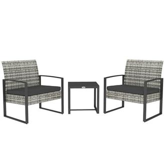 OUTSUNNY Gartenm&ouml;bel 2-Sitzer 3 St&uuml;ck 2 St&uuml;hle mit Kissen + Couchtisch Platte geh&auml;rtetes Glas Harz Geflecht 4 F&auml;den Nachahmung Rattan hellgrau