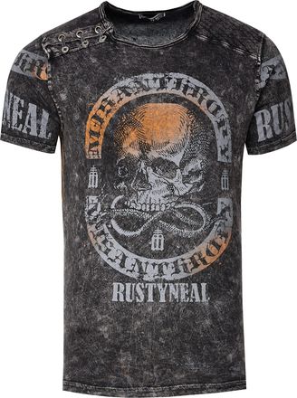 Rusty Neal T-Shirt Herren Schwarz Blau Rot Camel Verwaschen Regular Fit S M L XL 2XL 3XL mit Asymmetrisch Knopfleiste All Over Skull Print Street-Wear Shirt 292,