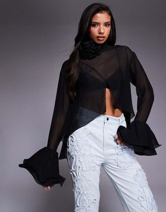 Asos Top transparent &agrave; col montant et grosse fleur - Noir