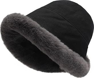 ZLYC Chapeau bob cloche dhiver en fourrure pour femme avec bord roul&eacute; en fausse fourrure et doublure en polaire, noir uni, Taille unique