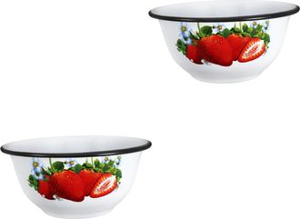 Cabilock 2 Stück Vintage Emailleschüssel Tiefe Suppenschüssel für Restaurants Robuste Salatschüssel Multifunktionale Nudel und Mischschüssel Weiß mit Erdbeer