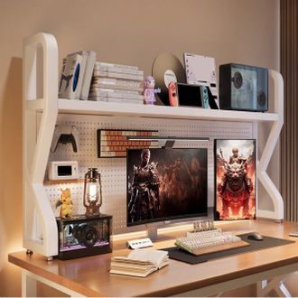 Generic Schreibtischregal, Stabil und rutschfest aus Kohlenstoffstahl mit Gelochtem Pegboard, Offenes Design, Desk Shelf for Wohnheim, Haus, Büro(White,115X25