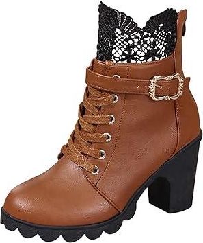 Generic Bottines imperméables à lacets pour femme - Élégantes et décontractées - Confortables - Coupe large - Talon bloc - Avec boucle - Pour lextérieur, marr