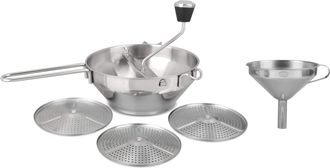 Dr. Oetker Passiergerät mit Trichter, Passiermühle und Einfülltrichter aus Edelstahl, Passiermaschine mit 3 Lochscheiben, Einmachtrichter mit Siebeinsatz (Farbe: