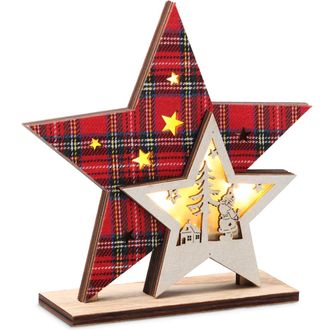 Com-Four LED Stern als dekorative Beleuchtung - Lichterstern als Deko - Weihnachtsstern aus Holz - LED-Beleuchtung als Stimmungslicht (Stern - kariert rot)