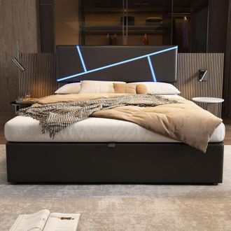Liberte Lit coffre 140x200 simili cuir noir, LED RGB App + mode musique, sommier 26 lattes, sans matelas