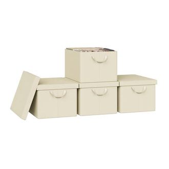 Woltu Lot de 4 Boîtes de Rangement Pliables, Paniers de Rangement en Tissu Non Tissé, avec Couvercle et Poignées, pour Jouets et Vêtements, Crème, 43x33x26c