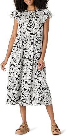 Amazon Essentials Robe Midi à Volants Décontractée à Col Rond en Satin de Coton Femme, Noir Ivoire Folk Floral, XXL