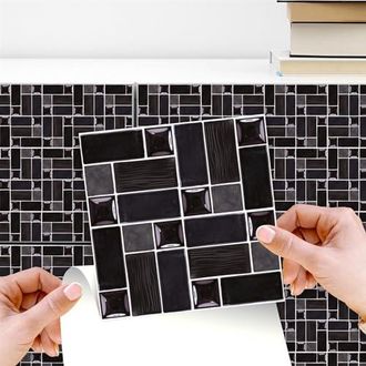 Walplus 120 Stück 15x15cm Glänzend Schwarzes Porzellan Mosaik Schwarz Wandfliesen Aufkleber Schälen und Kleben Backsplash Abziehbilder Startseite Dekore Aufka