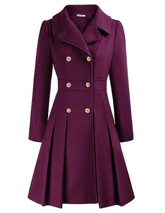 Grace Karin Femme Manteau &Eacute;l&eacute;gant dhiver Pardessus &agrave; Manches Longues Double Bouton Revers Veste Chaude Couleur Unie Style D&eacute;contract&eacute; Outwear Violet-Rouge Fonc&eacute; 2