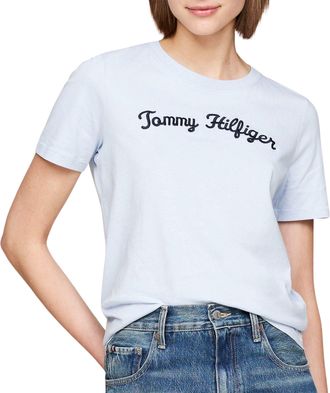 Tommy Hilfiger Damen T-Shirt Kurzarm Regular Rundhalsausschnitt, Blau (Breezy Blue), XXS