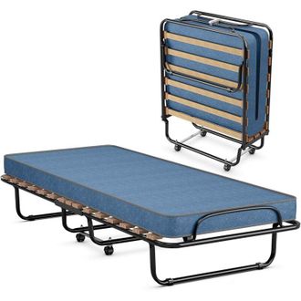 Costway 80x190cm G&auml;stebett mit Matratze aus R&uuml;ckstellschaum, Klappbares Einzelbett, Stabiler Metallbett bis 130kg belastbar, Klappbett auf R&auml;dern, Faltbett
