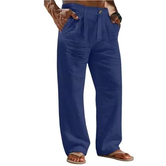 Generic Pantalon d&eacute;contract&eacute; en coton et lin pour homme - Coupe droite - Coupe ample - Pantalon de plage l&eacute;ger - Taille &eacute;lastique - Pantalon chino de vacances